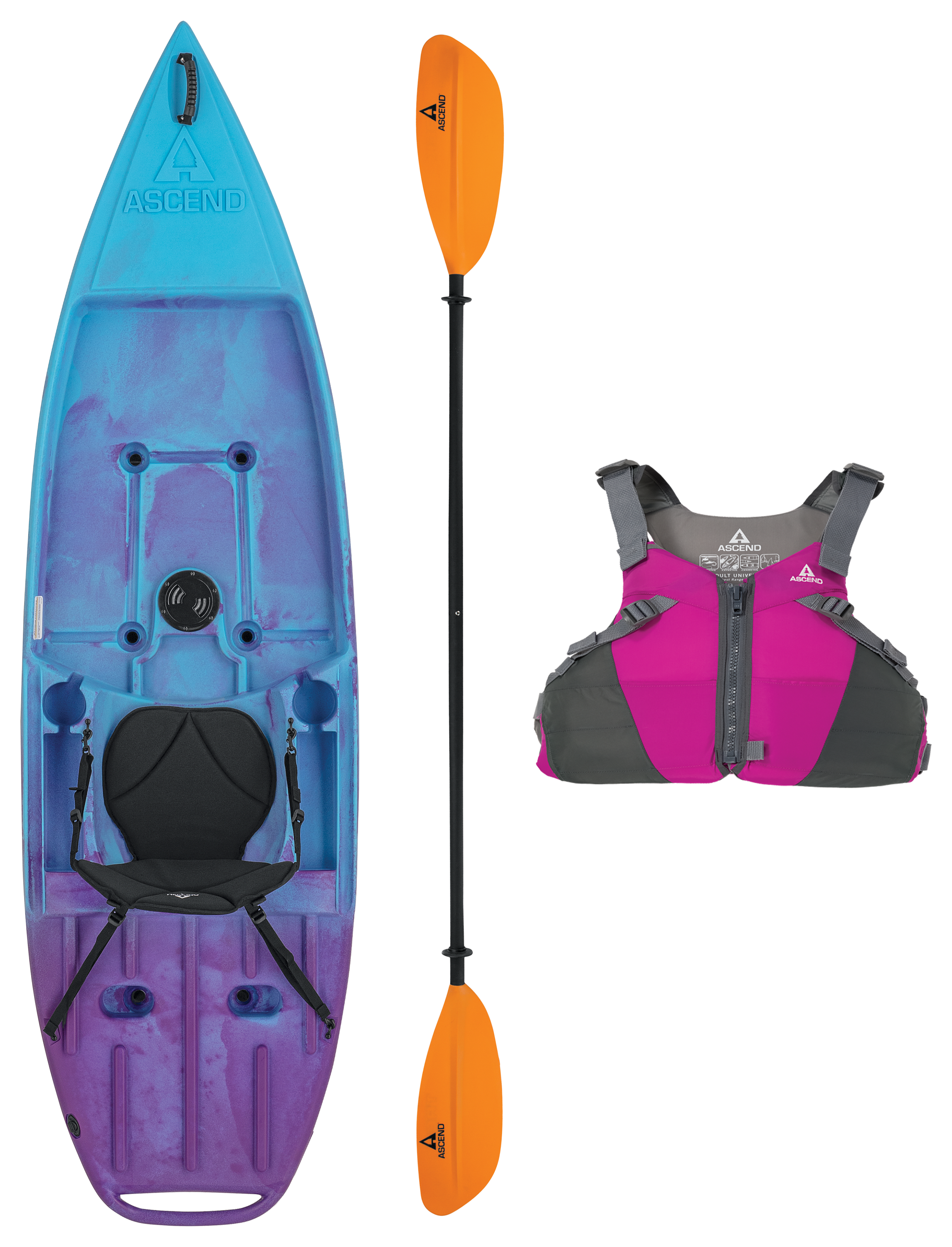 Ascend 9R Sport Purple/Blue Sit-On-Top Kayak, Paddle, and Life Jacket ...